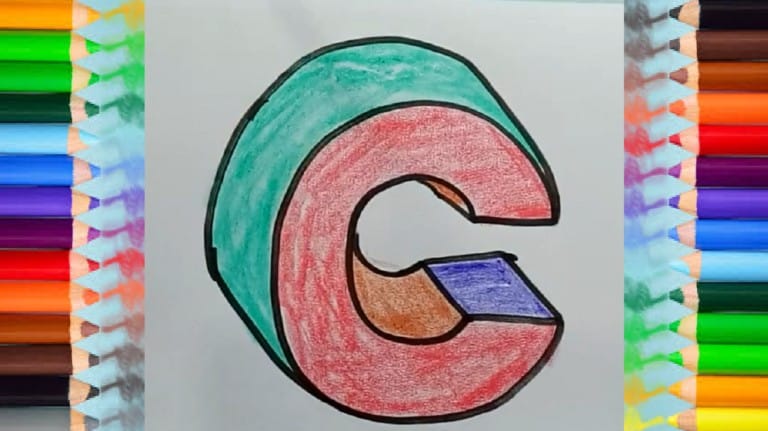 3D trick art and coloring - How to draw letter C in 3D