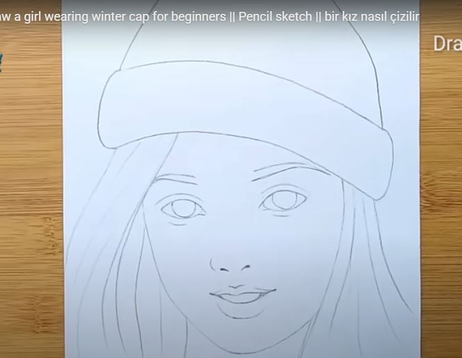 How to draw a girl wearing winter cap step 3 - HTDraw.com