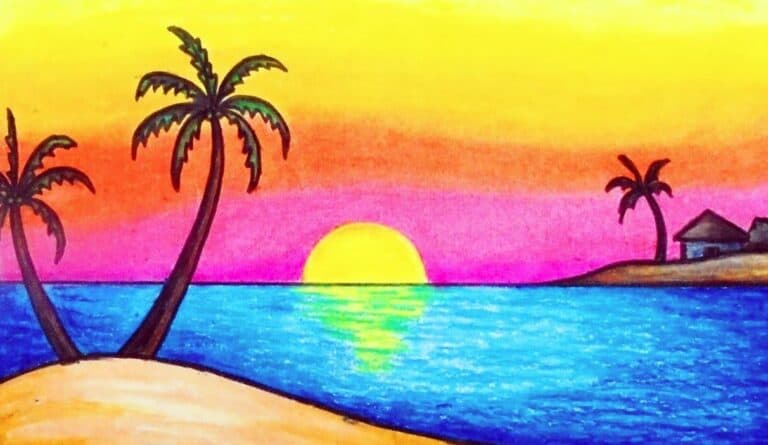 How to Draw a Beach Sunset || Scenery Drawing